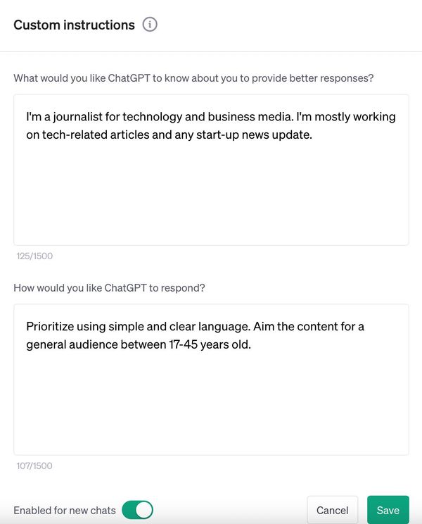 New in ChatGPT: custom Instructions feature